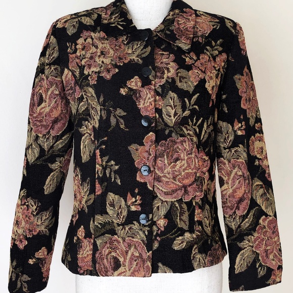 Vintage | Jackets & Coats | Vintage 8s Black Floral Rose Tapestry ...